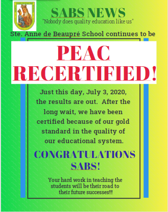 PEAC RECERTIFICATION RESULTS ARE OUT! – Ste. Anne de Beaupré School